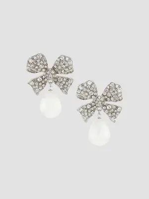 KENNETH JAY LANE Rhodium-plated, Imitation Pearl & Glass Crystal Bow Drop Earrings - Silver