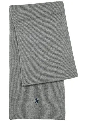 Polo Ralph Lauren Logo-embroidered Ribbed Wool Scarf - Grey
