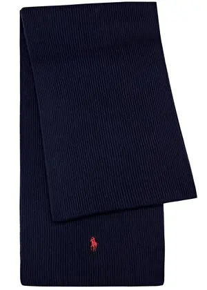 Polo Ralph Lauren Logo-embroidered Ribbed Wool Scarf - Navy