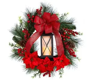 NEARLY NATURAL 28 In. Poinsettia & Berry Wreath W/led Candle - One-color