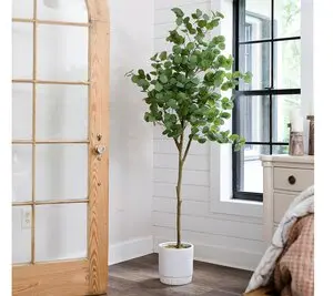 NEARLY NATURAL 6' Artificial Eucalyptus Tree With White Decora Tive Planter