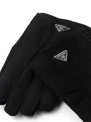 Prada Triangle-logo Suede Gloves - Black