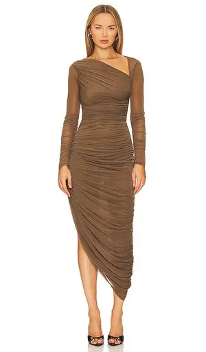 Lpa Ruched Mesh Jersey Asymmetrical Neckline Dress