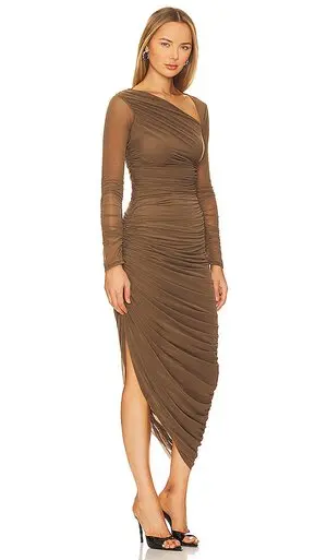Lpa Ruched Mesh Jersey Asymmetrical Neckline Dress