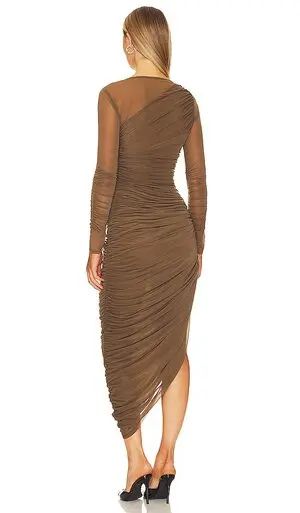 Lpa Ruched Mesh Jersey Asymmetrical Neckline Dress