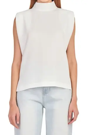 English Factory Shoulder Pad Mock Neck Top - Off White