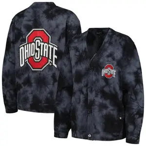 THE WILD COLLECTIVE Ohio State Buckeyes Jeweled Tie-dye Button-up V-neck Sweater - Black