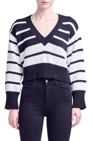 English Factory Stripe V-neck Cotton Crop Sweater - Black/white