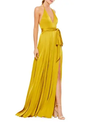 Mac Duggal Ieena Pleated Satin Tie-waist Gown - Chartreuse