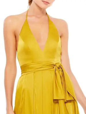 Mac Duggal Ieena Pleated Satin Tie-waist Gown - Chartreuse