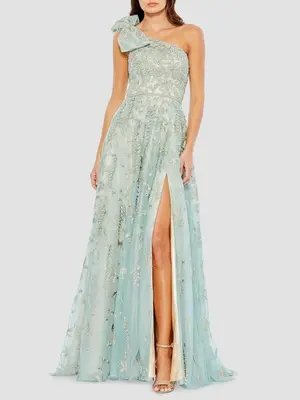 Mac Duggal Asymmetric Embellished Tulle A-line Gown - Sage