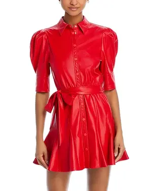 red leather dress with sleeves Women's Red Ruched Button Up Leather Dress, Women's Red Leather Dress, Women's Red Leather Jacket, Women's Red Dress, Red Ruched Short Dress