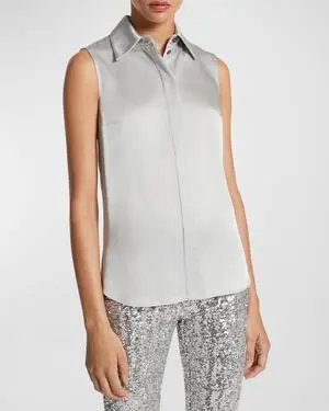 Michael Kors Hansen Sleeveless Satin Collared Shirt Pearl