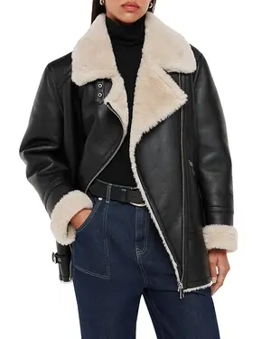 Whistles Faux Fur Aviator Coat - Black
