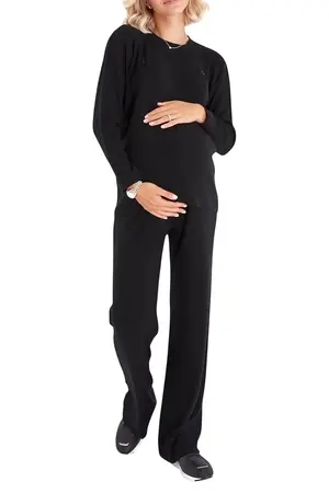 ACCOUCHEE Effortless Elegance Set With Rib Side Zip Long Sleeve Materity/nursing Top & Lounge Pants - Black