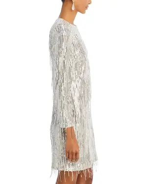 eliza j sequin fringe long sleeve cocktail dress Eliza J Sequin Fringe Long Sleeve Cocktail Dress - Silver