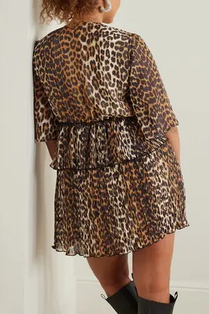 GANNI Net Sustain Pleated Leopard-print Recycled-georgette Mini Dress - Animal Print