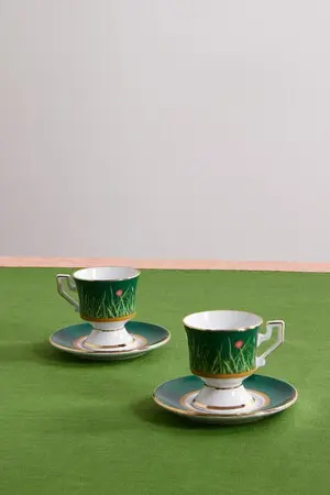 La DoubleJ Set Of Two Gold-plated Painted Porcelain Espresso Cups And Saucers - Green