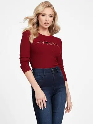 GUESS FACTORY Sheena Laceup Sweater - Red