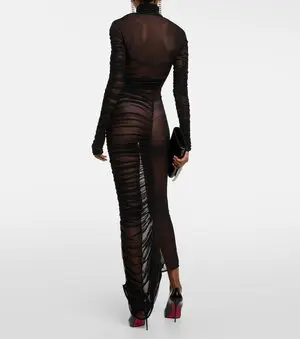 MUGLER Ruched Sheer Maxi Dress