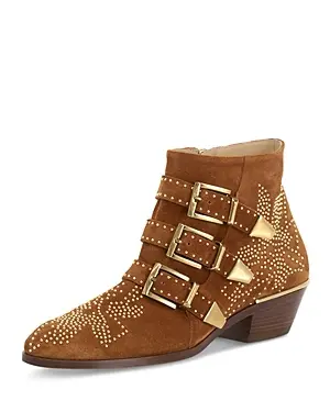 Chloé Susanna Pointed-Toe Studded Booties Brown Suede