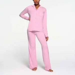 SKIMS Sleep Long Sleeve Button Up Set | Pink | 2xs Bubble Gum