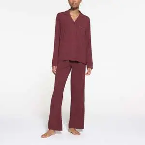 SKIMS Sleep Long Sleeve Button Up Set | Pink | 2xs Oxblood