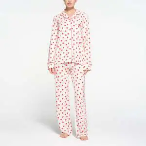 SKIMS Sleep Long Sleeve Button Up Set | Pink | 2xs Ruby And Marble Heart