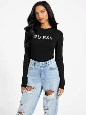 GUESS FACTORY Lilly Crewneck Logo Sweater - Black