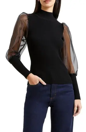 French Connection Krista Organza Sleeve Mock Neck Ribbed Sweater