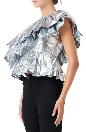 Endless Rose Metallic Tiered One-shoulder Top