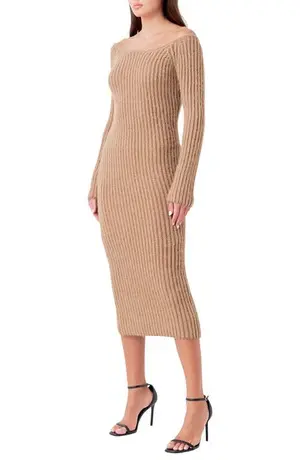 Endless Rose Long Sleeve Ribbed Sweater Midi Dress