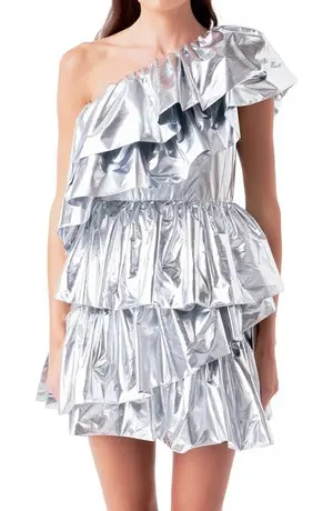 Endless Rose One-shoulder Metallic Tiered Mini Dress