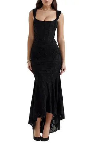 House Of Cb Cesca Floral Ruched High-low Dress - Black