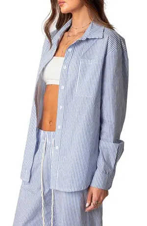 EDIKTED Pinstripe Cotton Button-up Shirt - Blue
