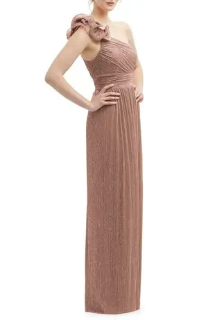 After Six Ruffle One-shoulder Metallic Gown