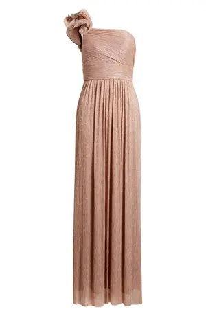 After Six Ruffle One-shoulder Metallic Gown