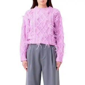 Endless Rose Feather Trim Cable Knit Sweater