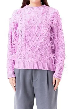 Endless Rose Feather Trim Cable Knit Sweater