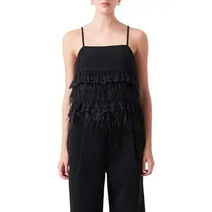 Endless Rose Lace Feather Trim Camisole - Black