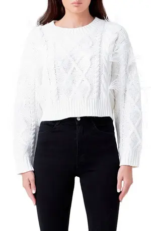 Endless Rose Feather Trim Cable-stitched Crop Sweater