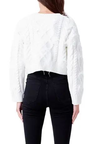 Endless Rose Feather Trim Cable-stitched Crop Sweater