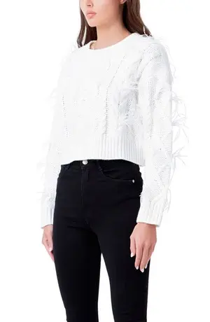 Endless Rose Feather Trim Cable-stitched Crop Sweater