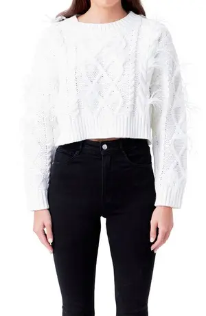 Endless Rose Feather Trim Cable-stitched Crop Sweater