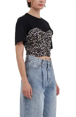 GREY LAB Leopard Smocked Crop T-shirt