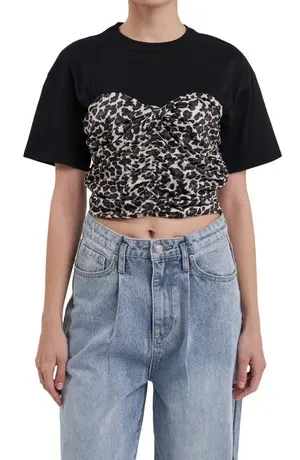 GREY LAB Leopard Smocked Crop T-shirt