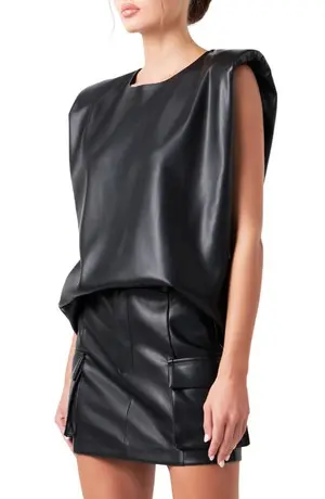GREY LAB Faux Leather Blouson Top - Black