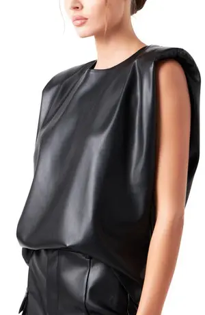 GREY LAB Faux Leather Blouson Top - Black