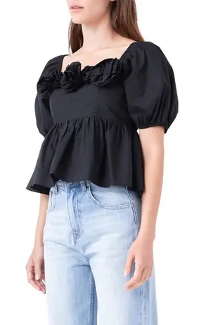 English Factory Corsage Detail Cotton Poplin Top - Black