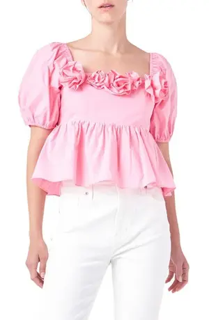 English Factory Corsage Detail Cotton Poplin Top - Pink